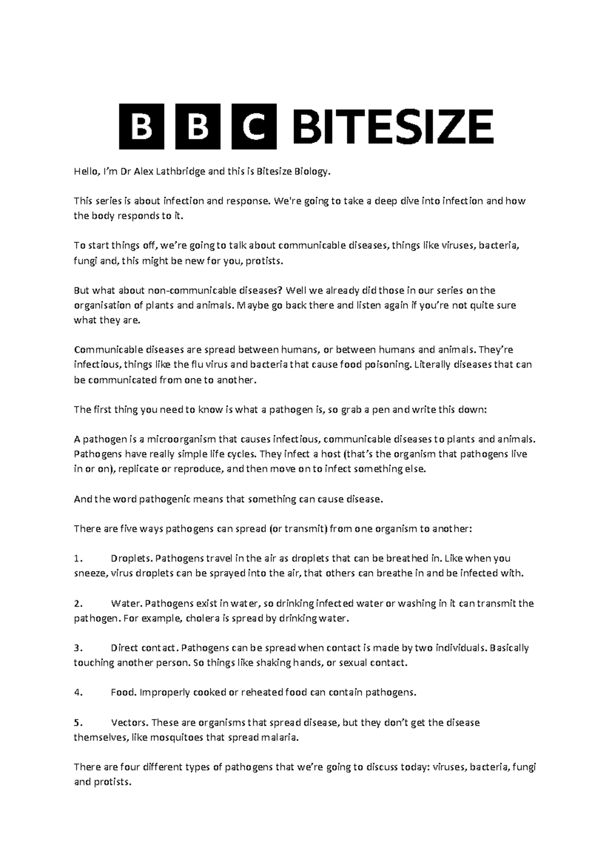 Bitesize Biology: Communicable Diseases & Pathogens Overview - Hello, I ...