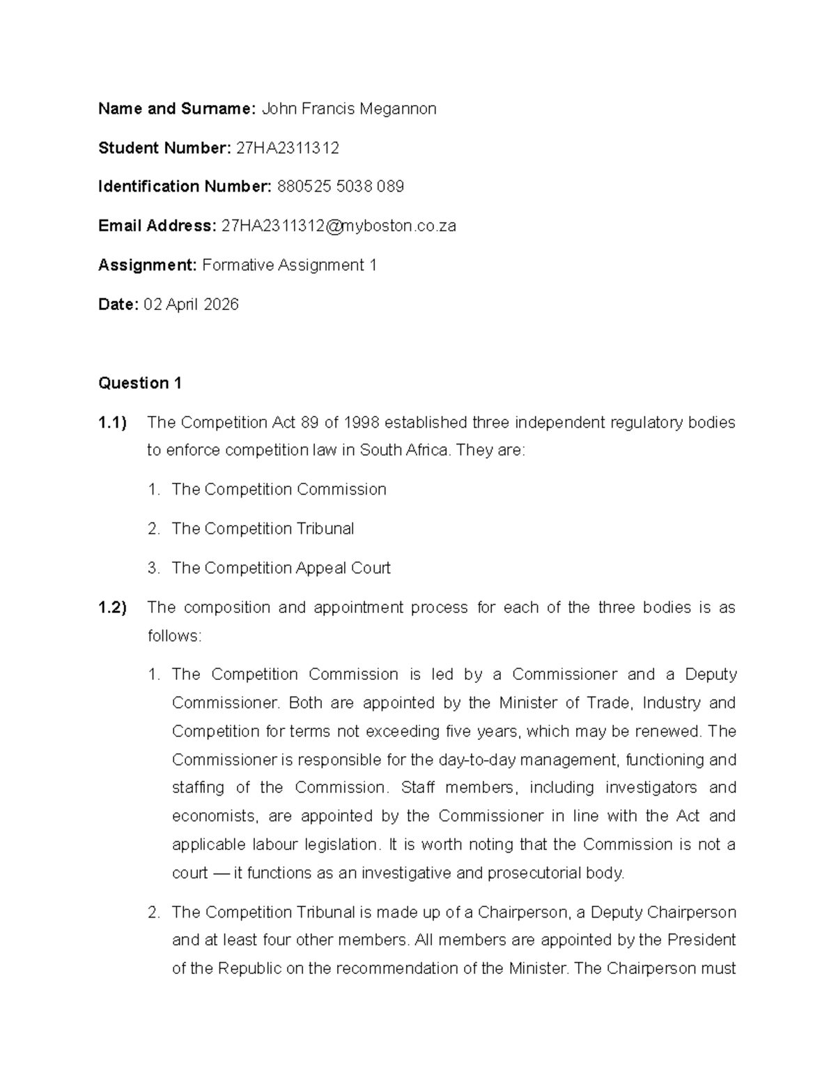 27HA2311312 Competition Act 89 of 1998: Formative Assignment 1 Analysis ...