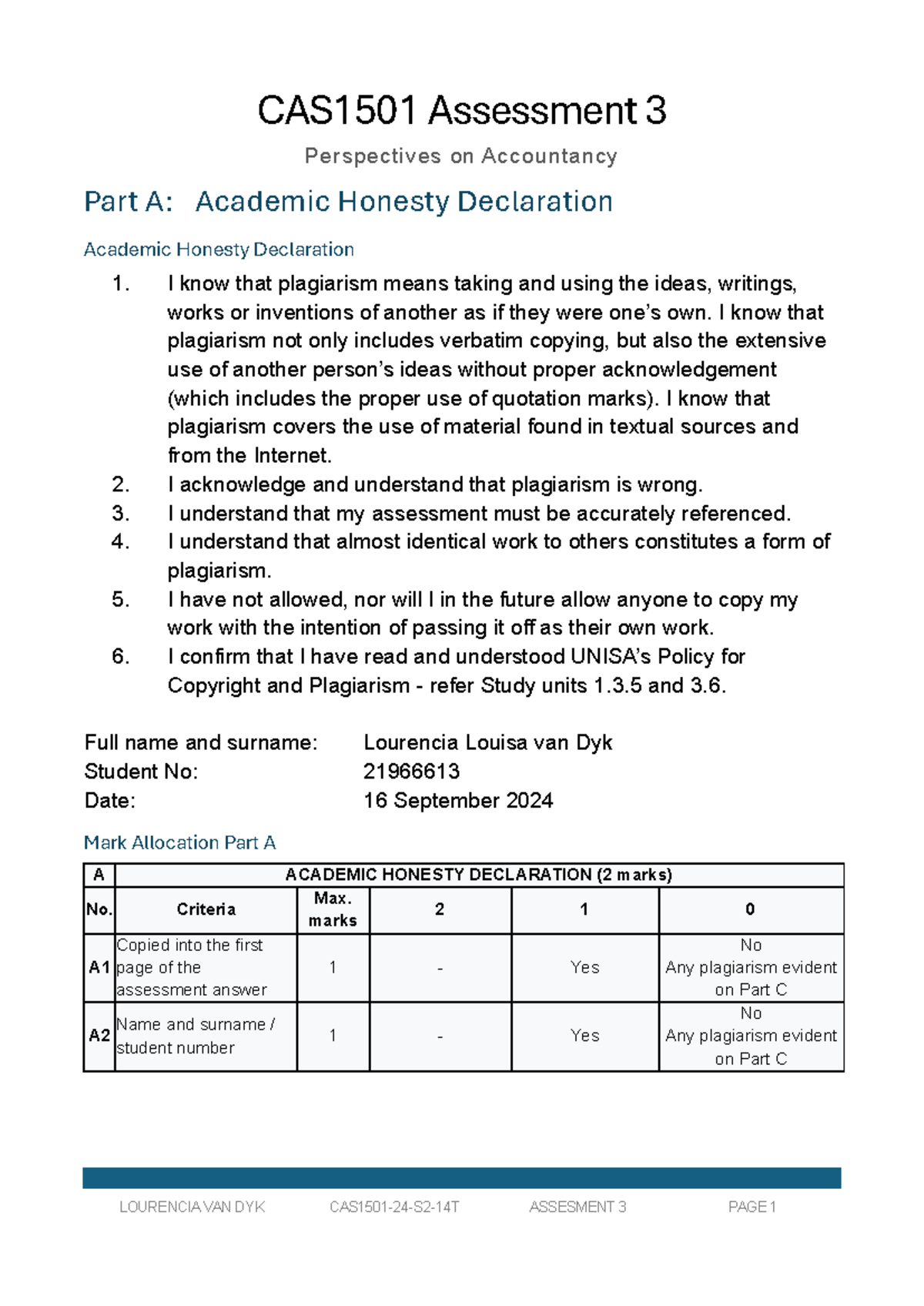 CAS1501 Assessment 3: Academic Honesty Declaration & Case Study ...