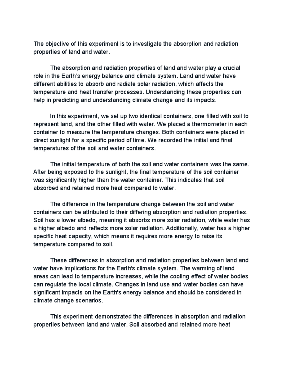 Lab Report: Absorption and Radiation of Land vs Water - Studocu