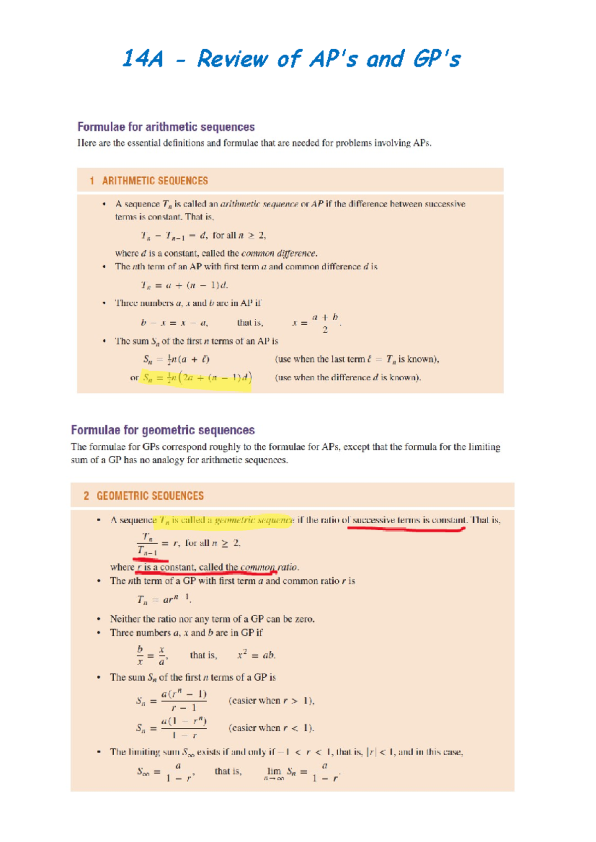 14A - Review and Applications of APs and GPs Homework Questions - Studocu