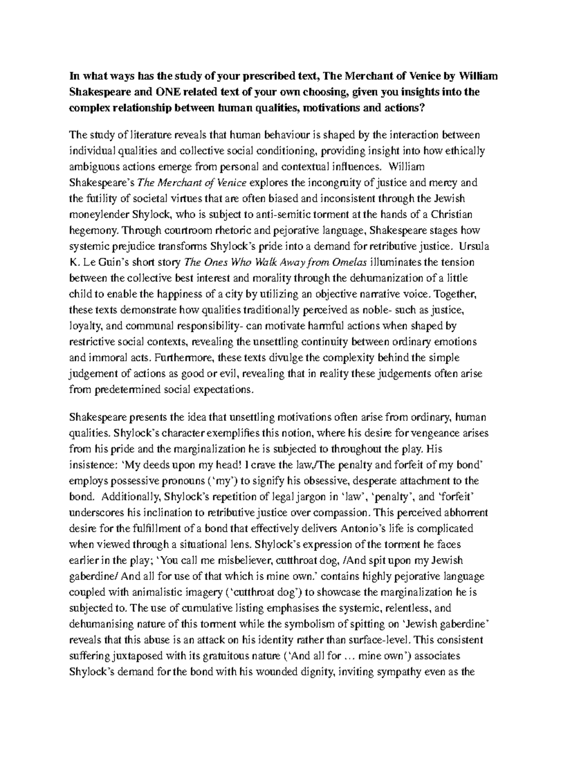 ENG101 - Critical Essay: Insights from The Merchant of Venice & Omelas ...