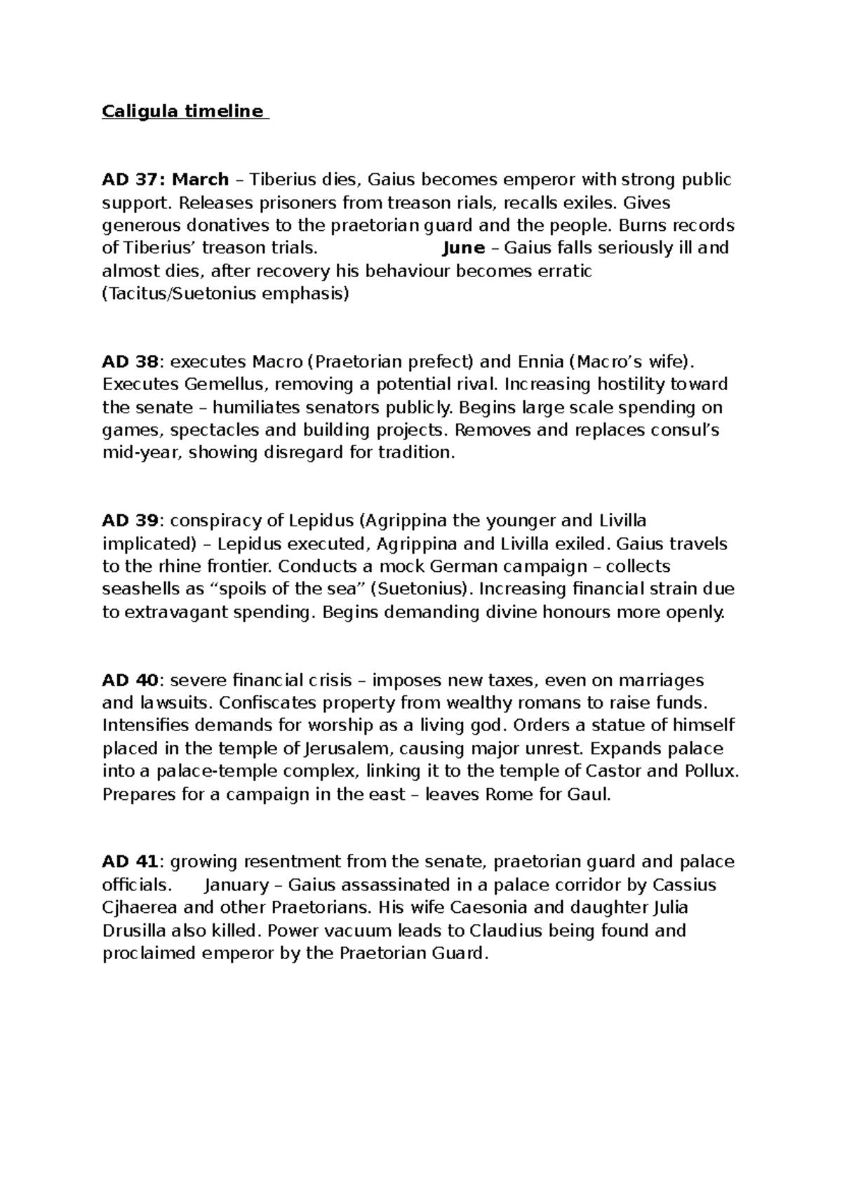 Caligula Timeline (AD 37-41): Key Events and Actions - Studocu