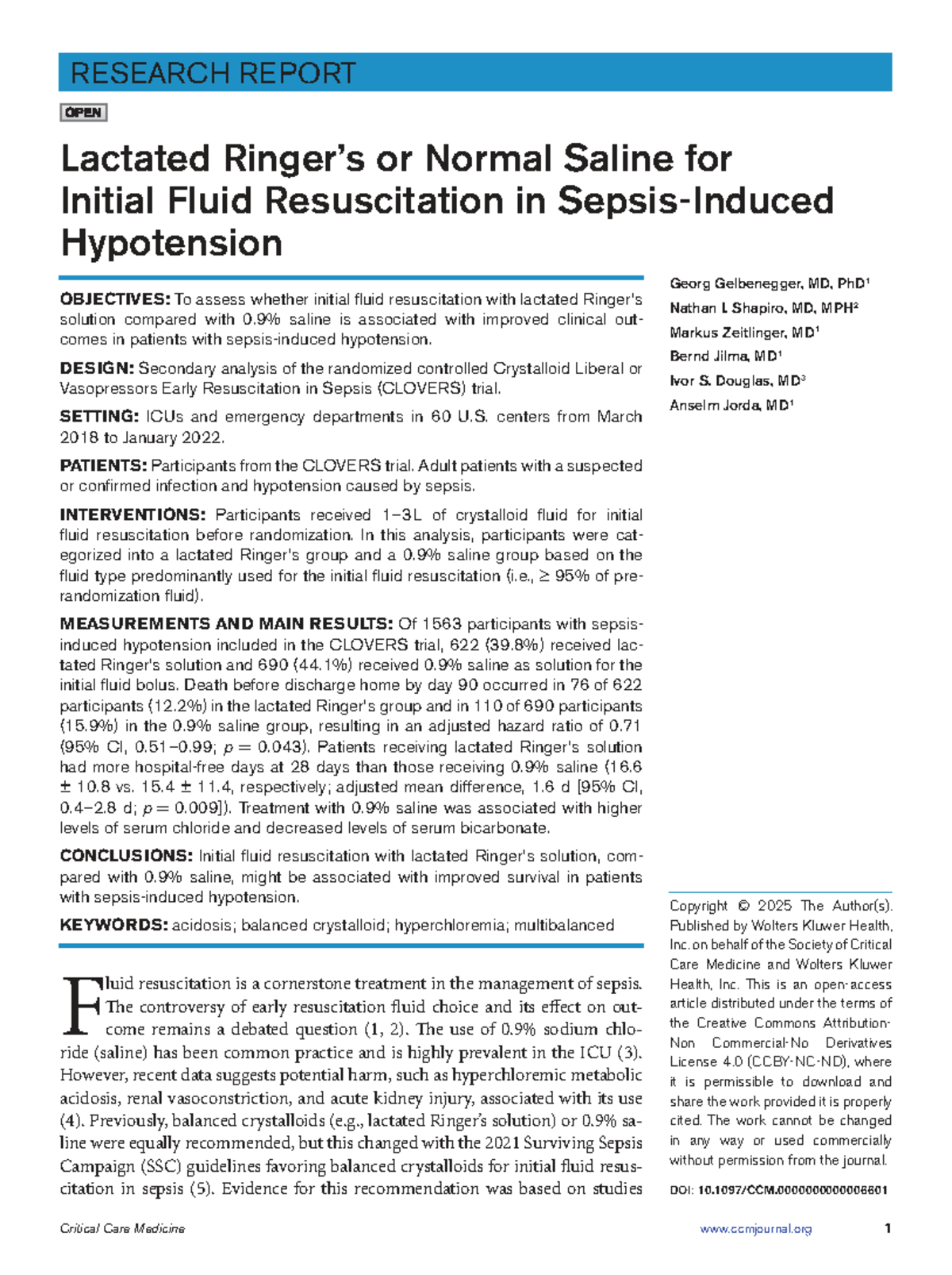 Lactated Ringer’s vs Normal Saline: Initial Fluid Resuscitation in ...
