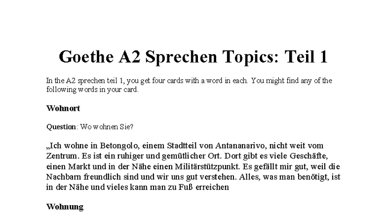 Goethe A2 Sprechen Topics: Teil 1 und 3 Übersicht - Studocu