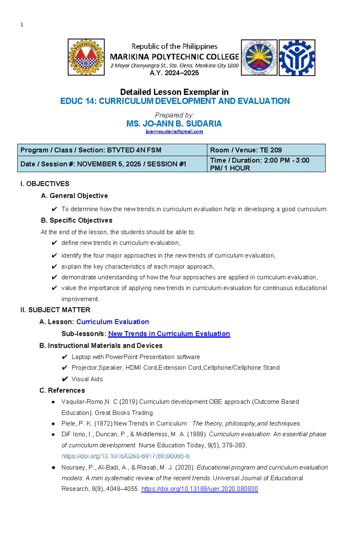 EDUC 14: Detailed Lesson Plan on New Trends in Curriculum Evaluation ...