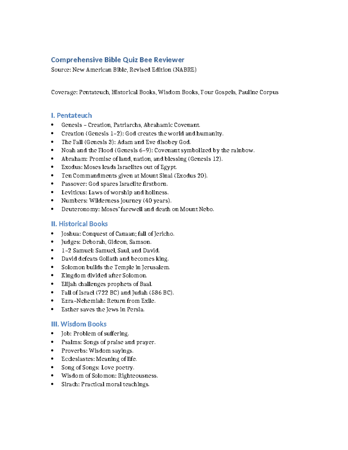 NABRE Bible Quiz Bee Reviewer: Pentateuch to Wisdom Books - Studocu