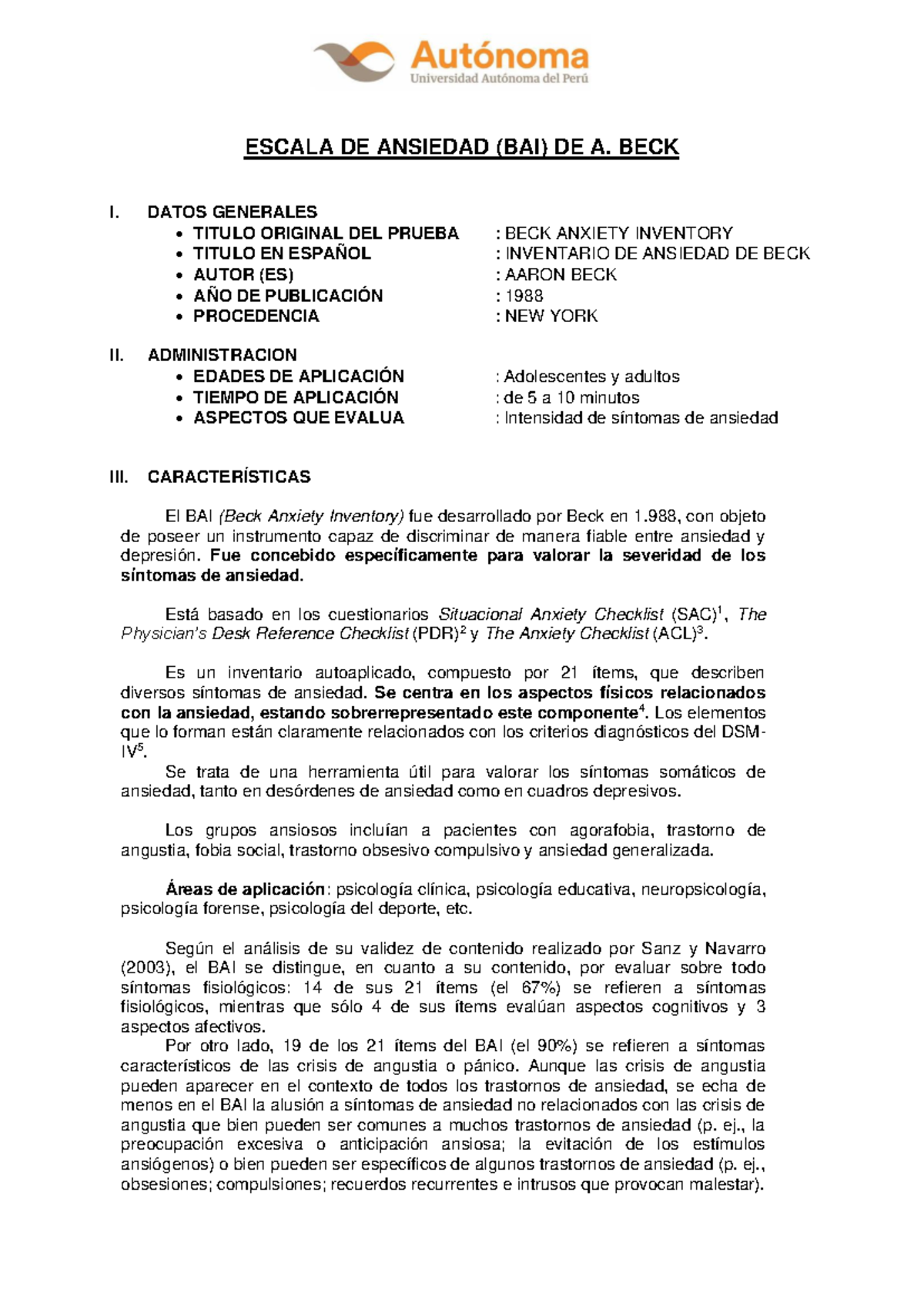 Escala De Inventario De Ansiedad De Beck Para Imprimir Manual