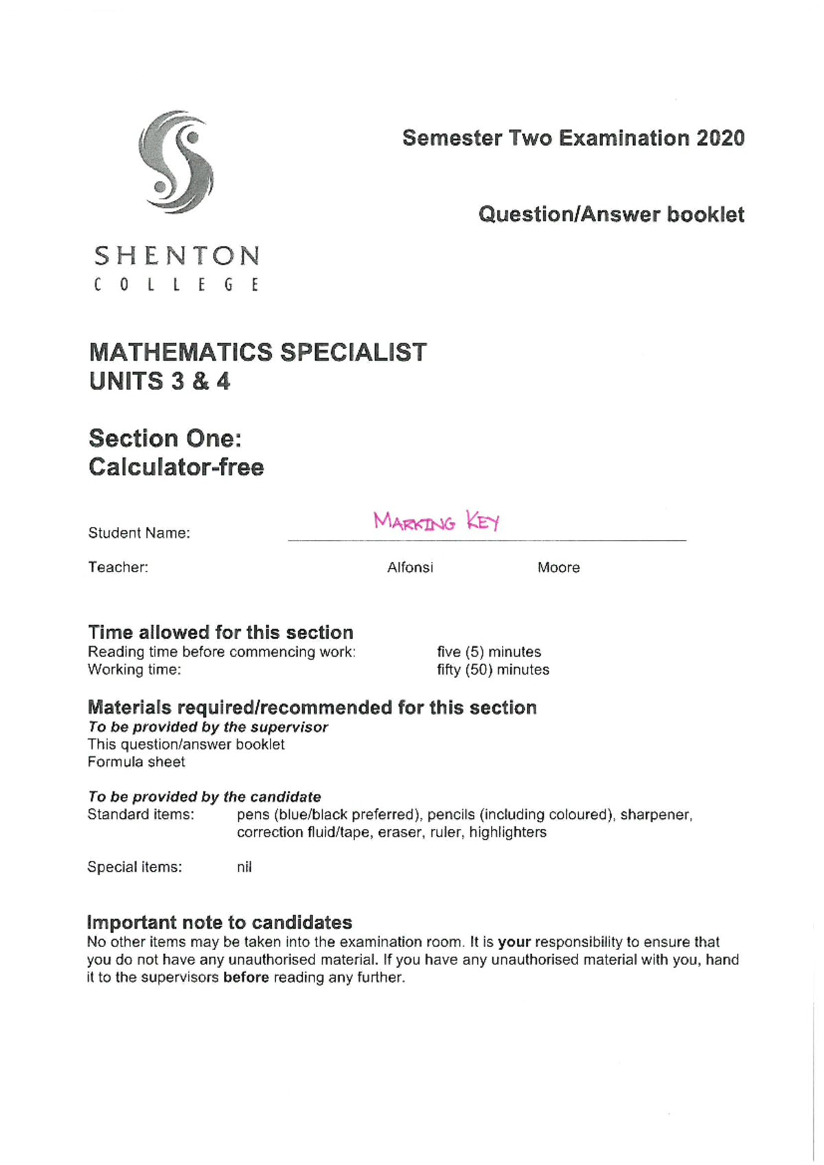 Shenton College Mathematics Specialist Units 3 & 4 Exam Solutions 2020 ...