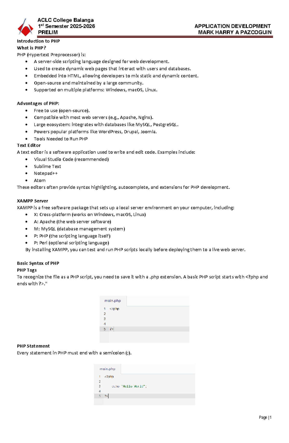 ACLC 1st Sem PRELIM PHP Web Development Lesson 1 Notes - Studocu