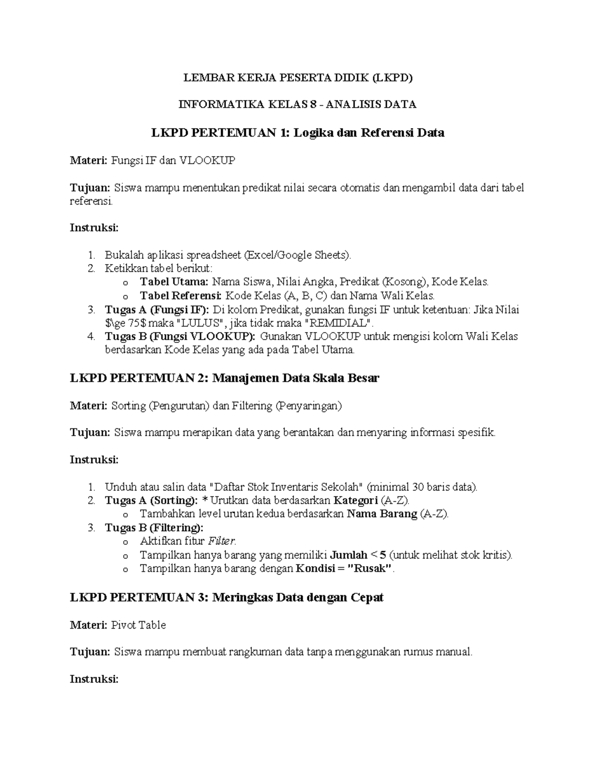LKPD Informatika Kelas 8: Analisis Data dan Manajemen Data - Studocu