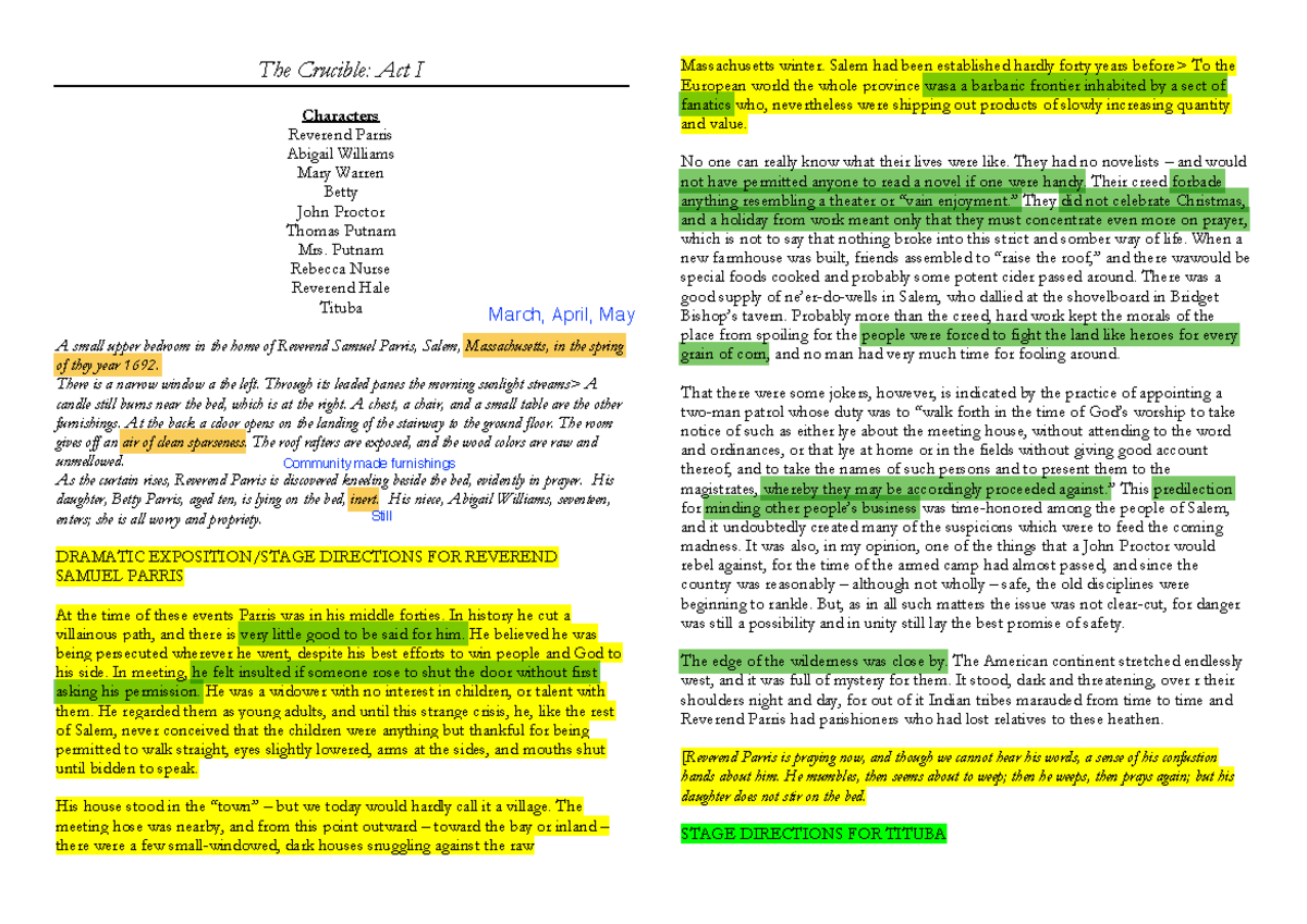 The Crucible: Act I Full Text Analysis and Characters Overview - Studocu