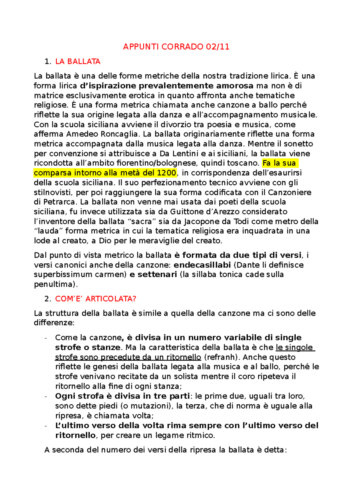 Appunti Corrado - APPUNTI CORRADO 02/ 1. LA BALLATA La ballata è una ...
