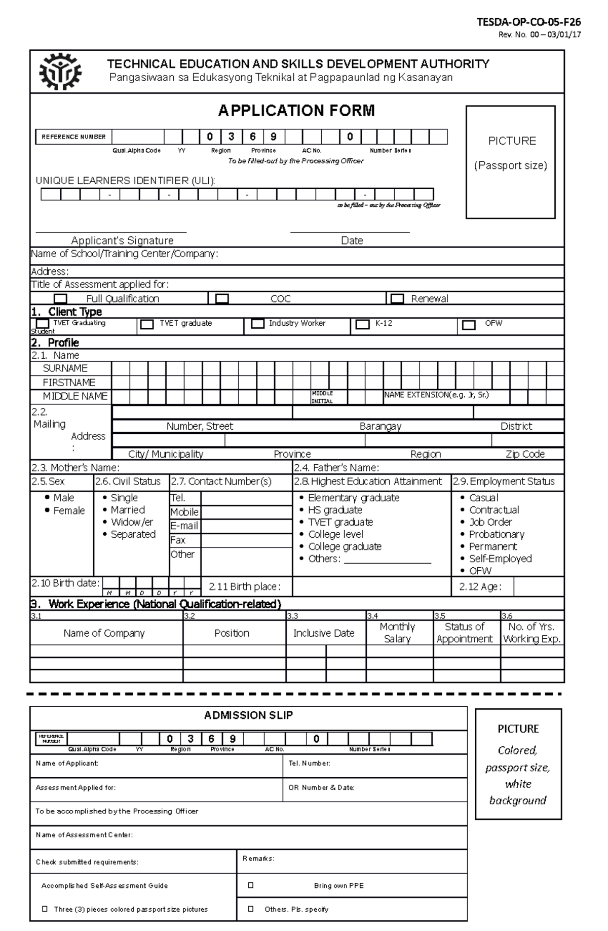 Application Forms NEW2 - TESDA-OP-CO-05-F Rev. No. 00 – 03/01 ...