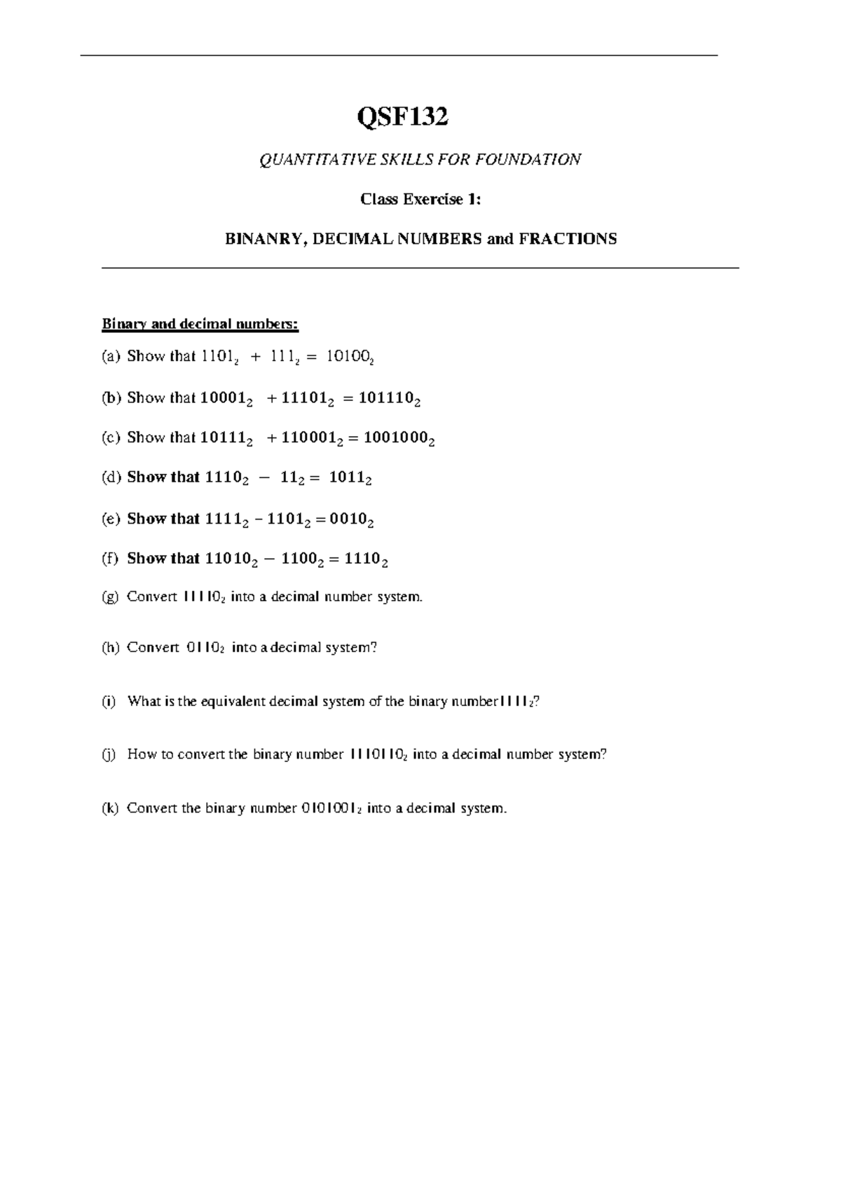 QSF 132 class exercises - QSF QUANTITATIVE SKILLS FOR FOUNDATION Class ...