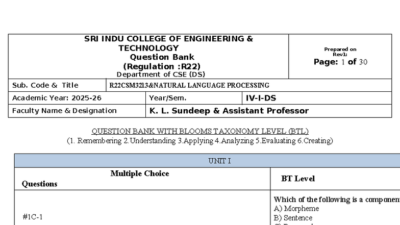 SRI INDU COLLEGE OF ENGINEERING TECHNOLOGY Question Bank (R22) for ...