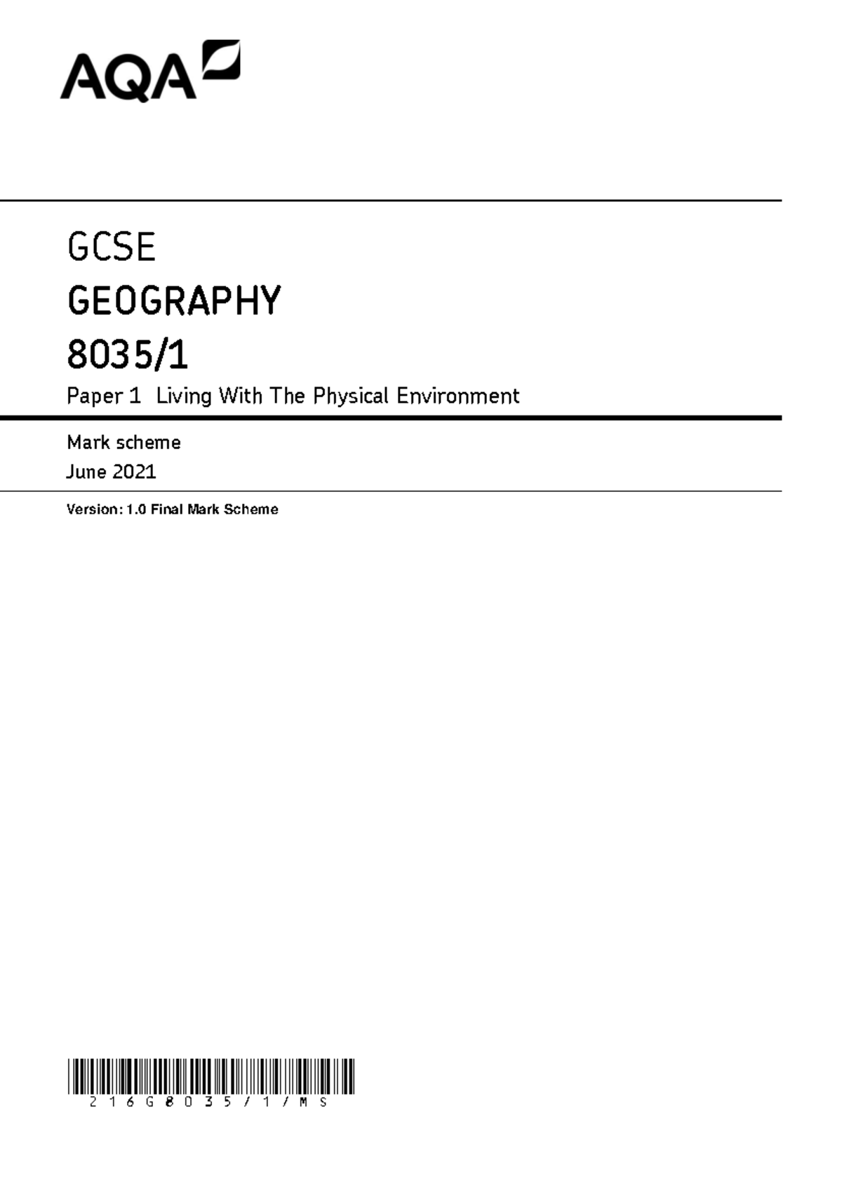 GCSE GEOGRAPHY Paper 1: Living With The Physical Environment Mark ...