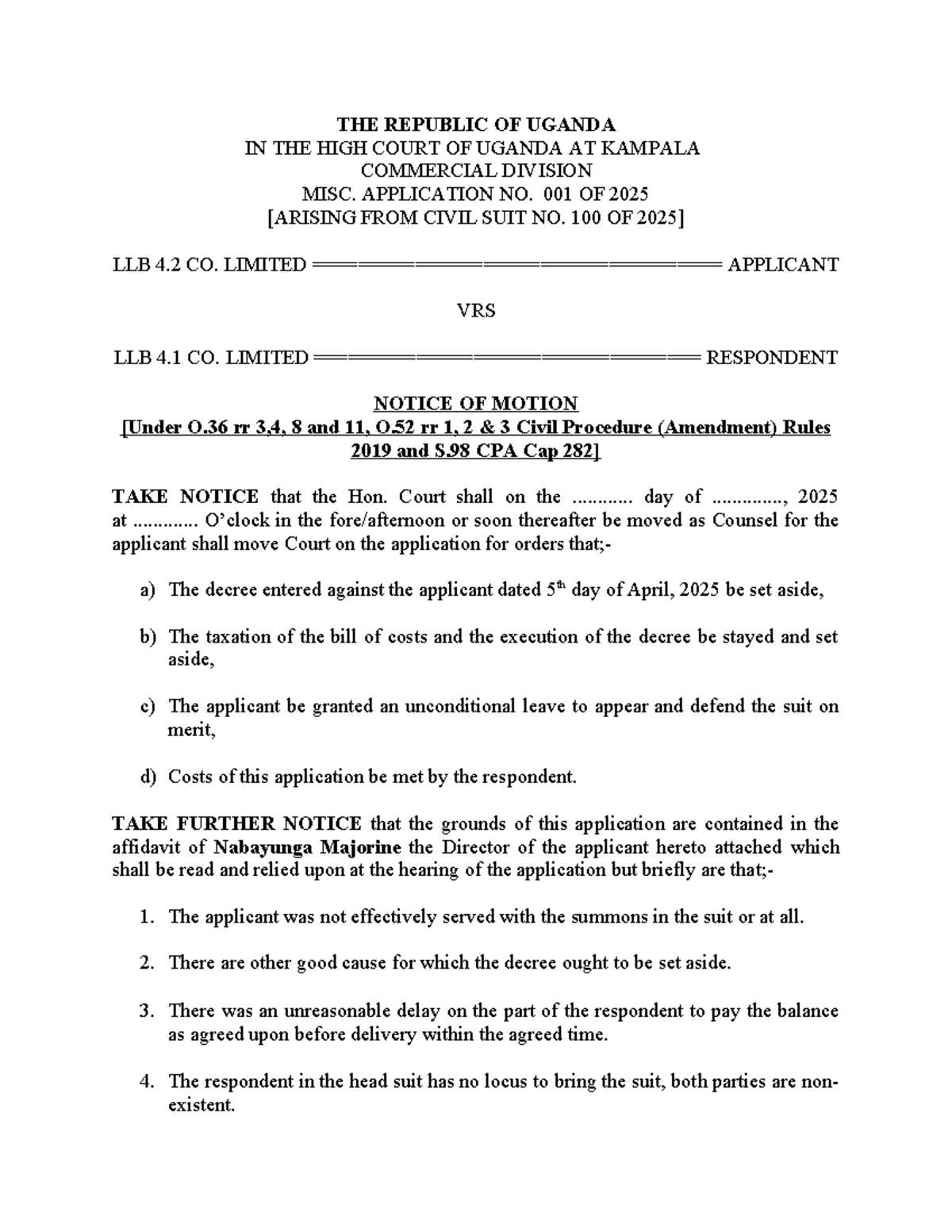 Notice of Motion: LLB 4.2 Co. Ltd vs. LLB 4.1 Co. Ltd - MISC. APP. 001/ ...