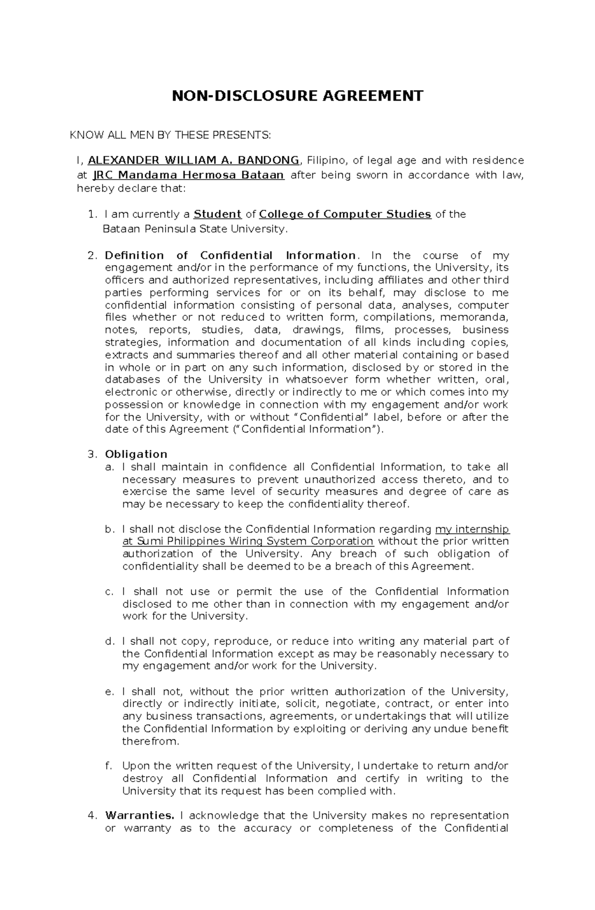 NDA Agreement for Internship at Sumi - Bandong - Studocu