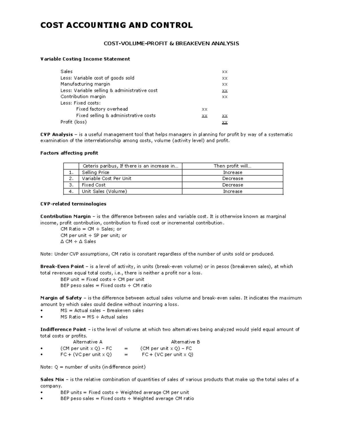 COST ACCOUNTING AND CONTROL: CVP & Job Order Costing Lecture Notes ...