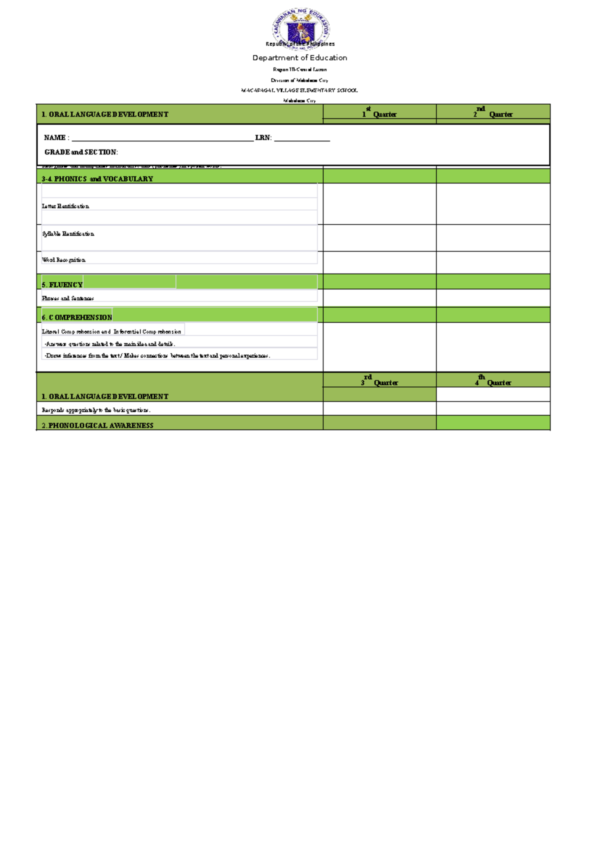 Reading Progress Report: Oral Language Development & Phonological ...
