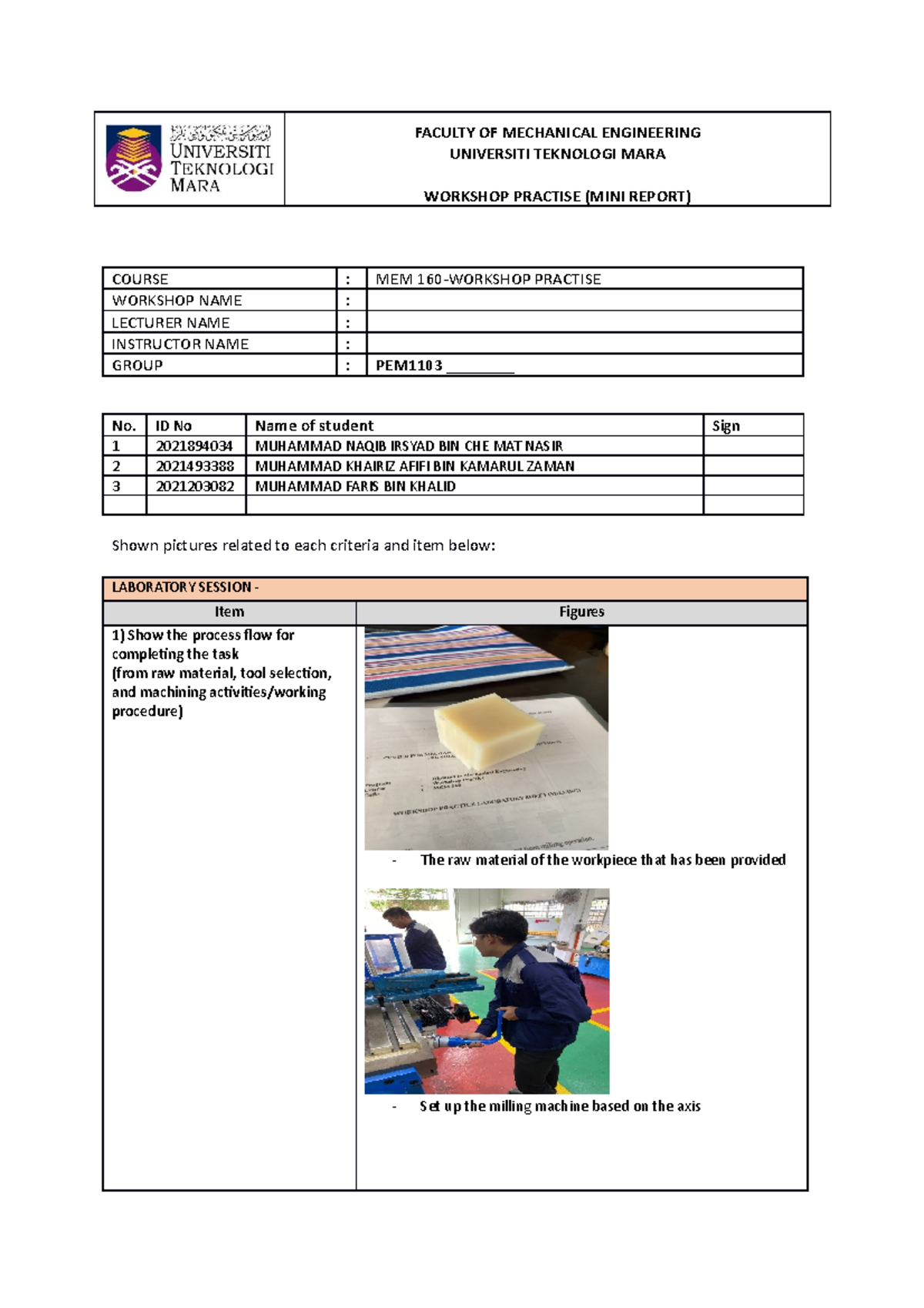 Final Report on Workshop Practice for MEM 160 - Studocu