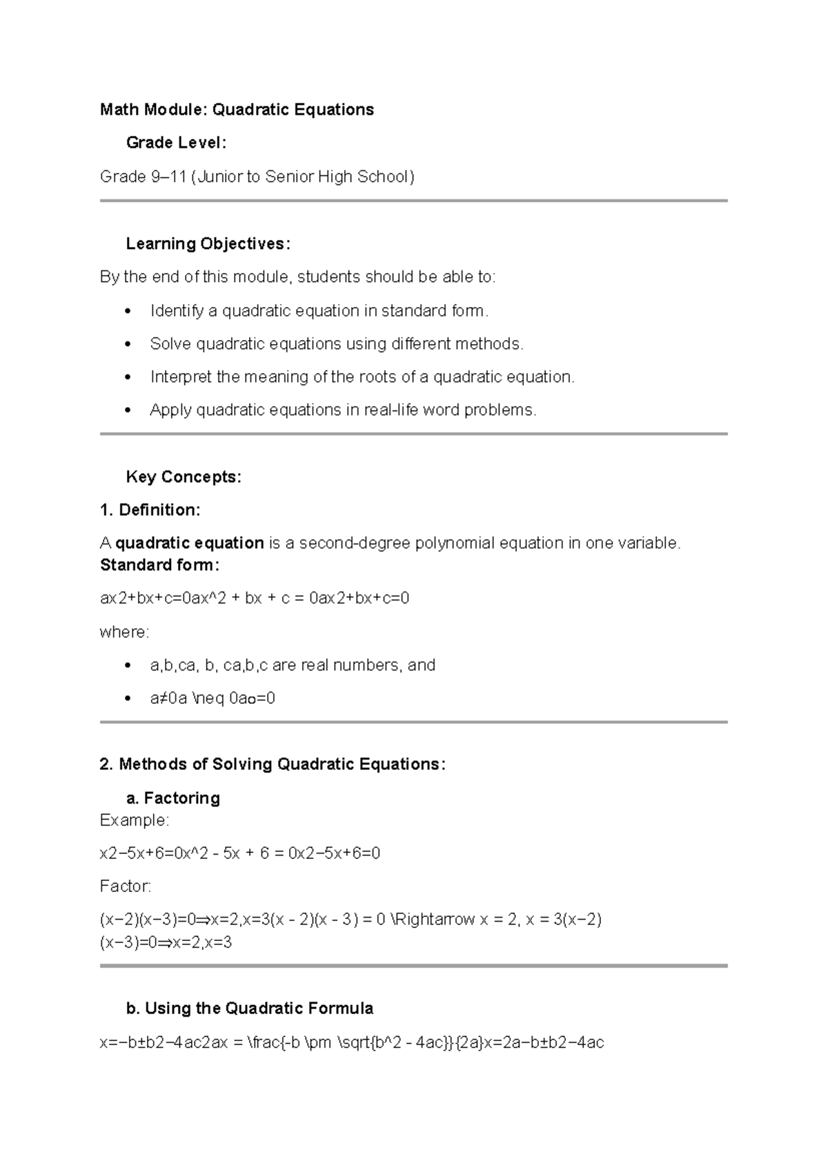 Math Module: Quadratic Equations for Junior to Senior High School - Studocu