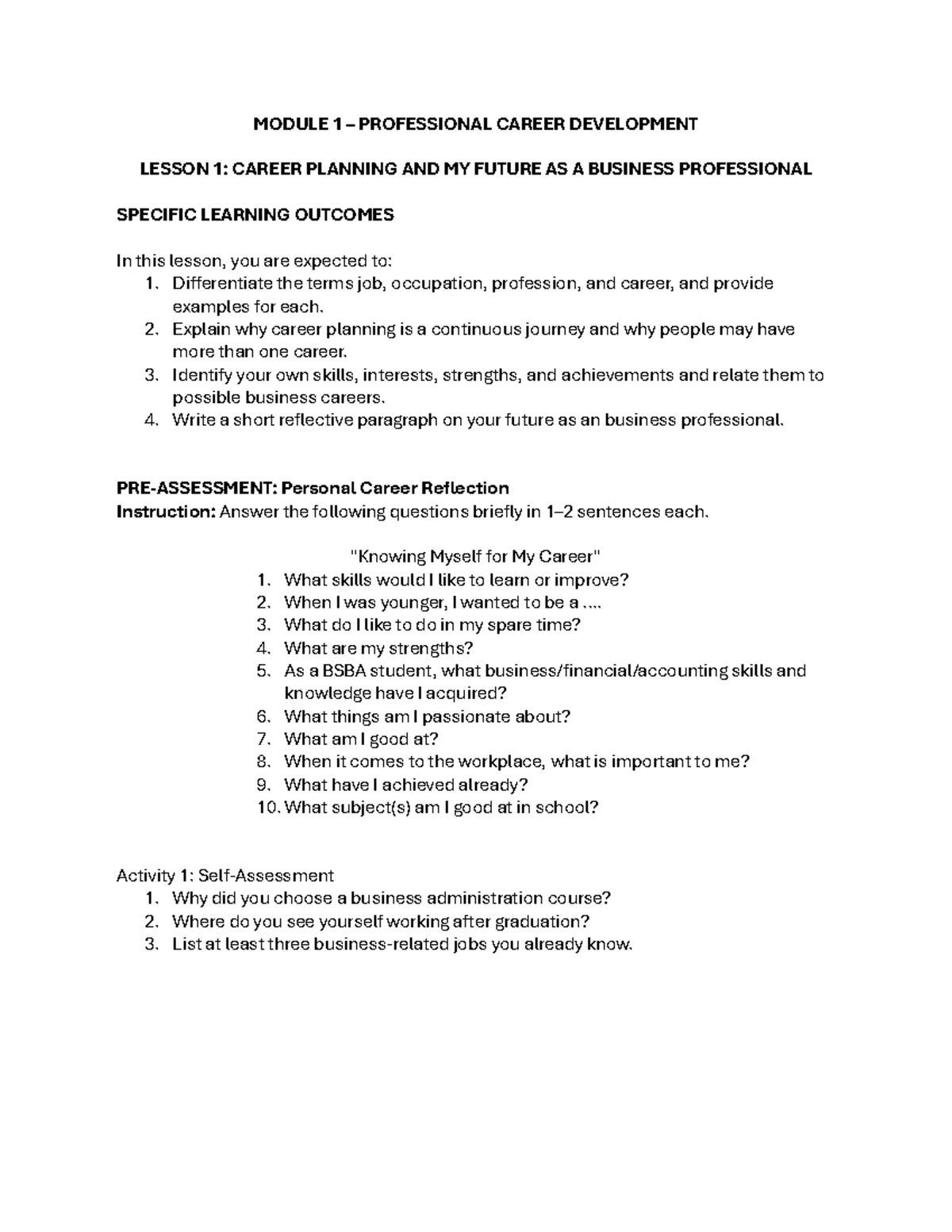 BA PD Lesson 1: Career Planning & Future as a Business Professional ...