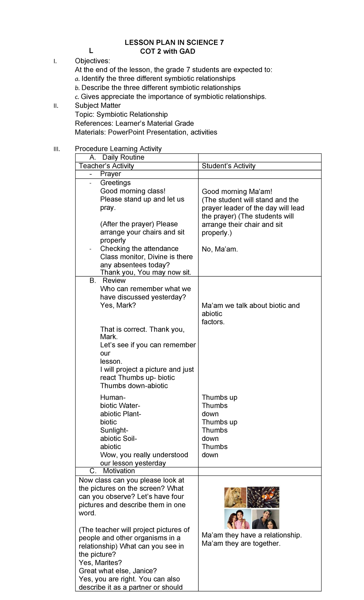 Science 7 Lesson Plan: Understanding Symbiotic Relationships - Studocu