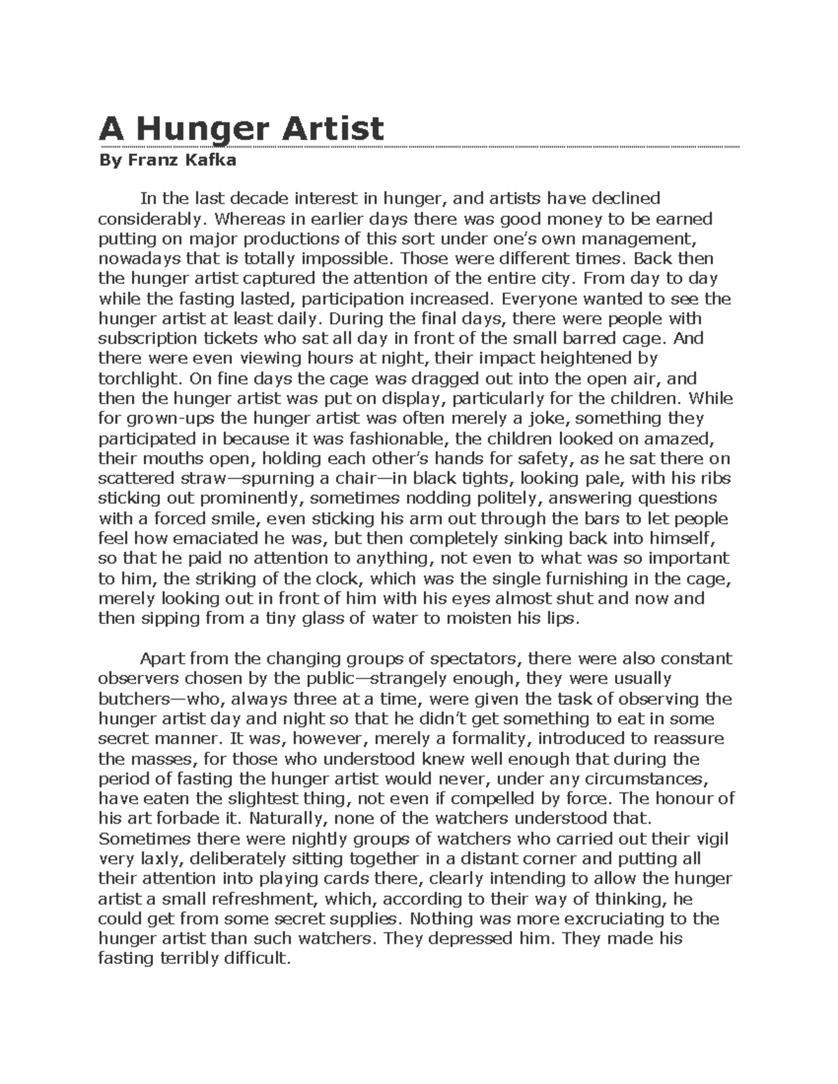 A Hunger Artist - essay - A Hunger Artist By Franz Kafka In the last ...