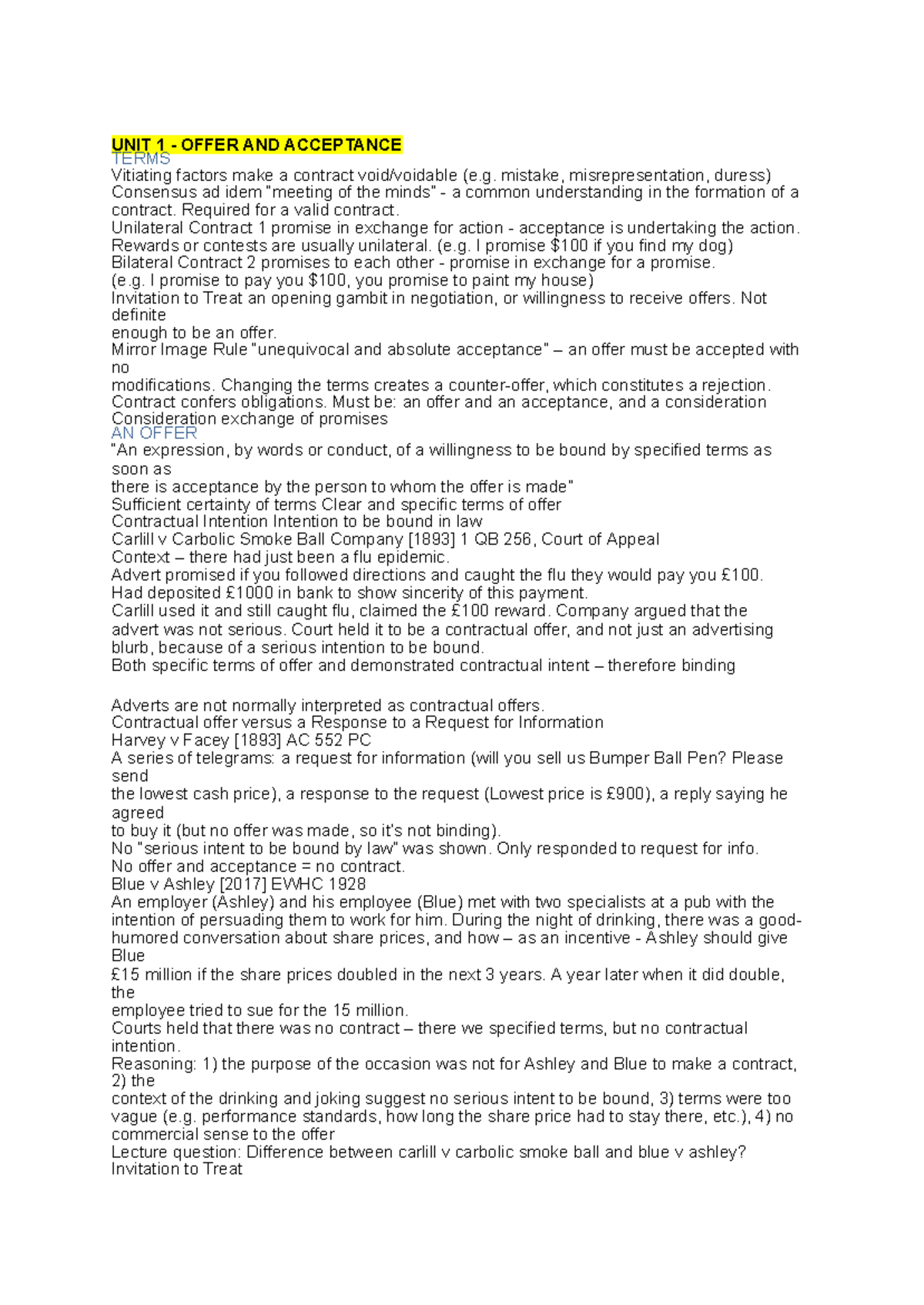Contract law notes - UNIT 1 - OFFER AND ACCEPTANCE TERMS Vitiating ...