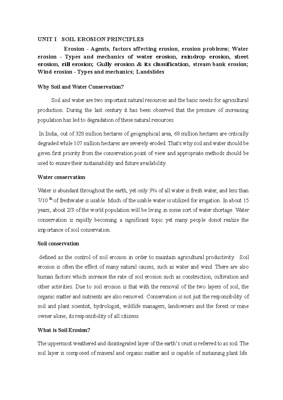 SWC 101: Unit I - Principles of Soil Erosion and Conservation - Studocu