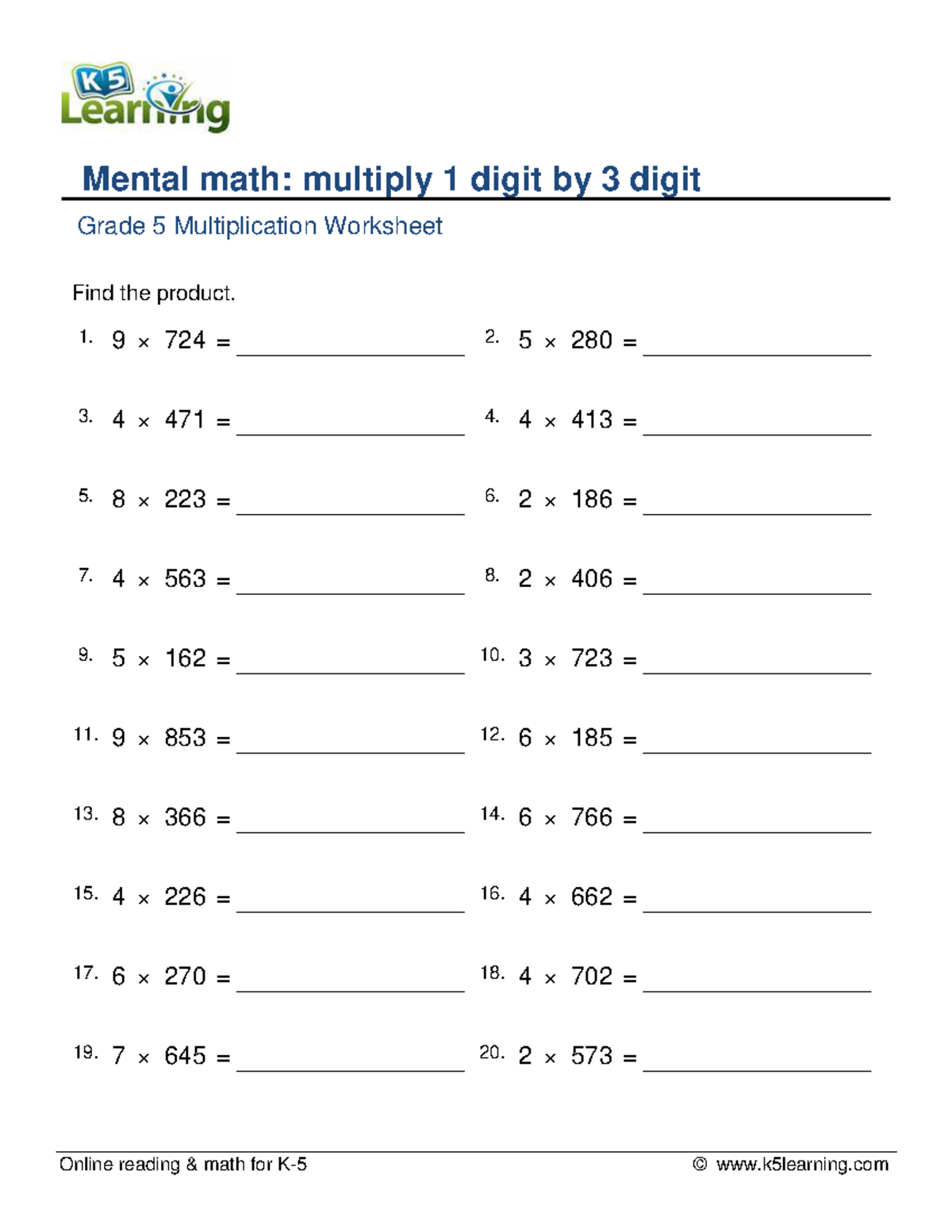 Grade 5 Math: 1-Digit x 3-Digit Multiplication Worksheet - Studocu
