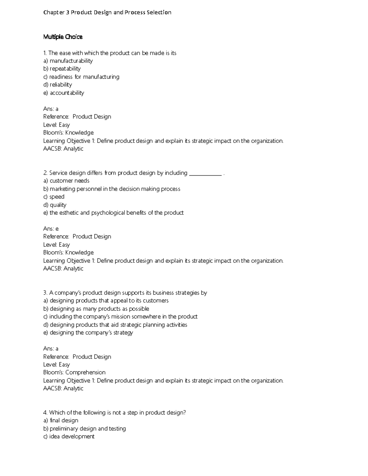 CH 3 Operations MGMT - Practice MCQs for Product Design Concepts - Studocu
