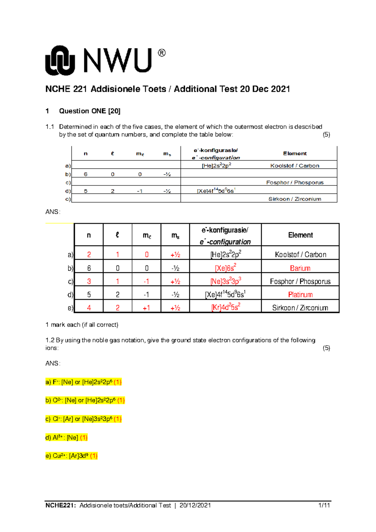 NCHE 221: Addisionele Toets - OPP Assessment Memo - Studocu
