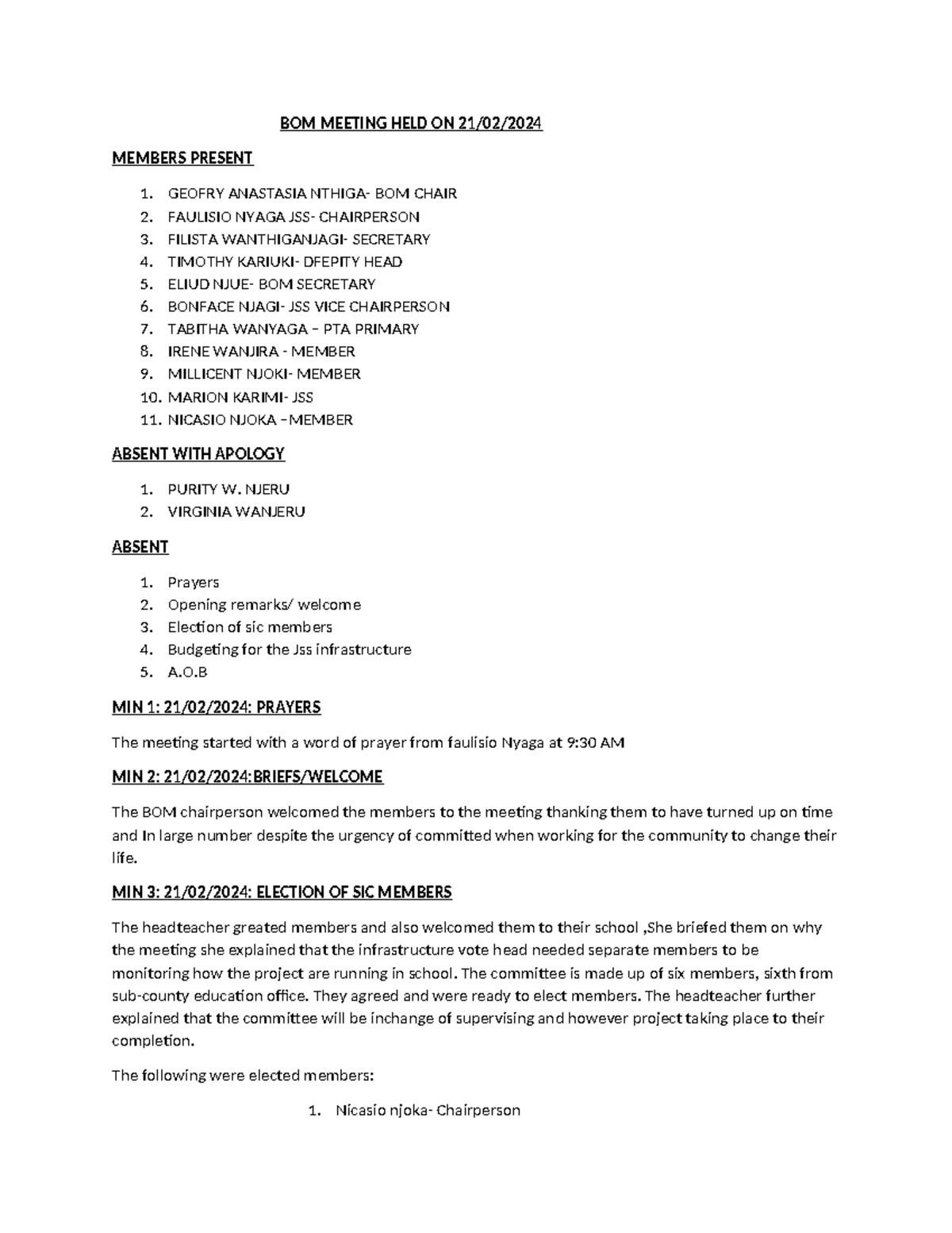 BOM Meeting Minutes on Infrastructure Budget and Committee Elections ...