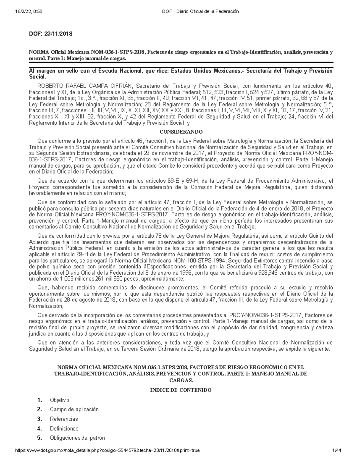 Norma Oficial Mexicana NOM-036-1-STPS-2018: Manejo Manual de Cargas ...