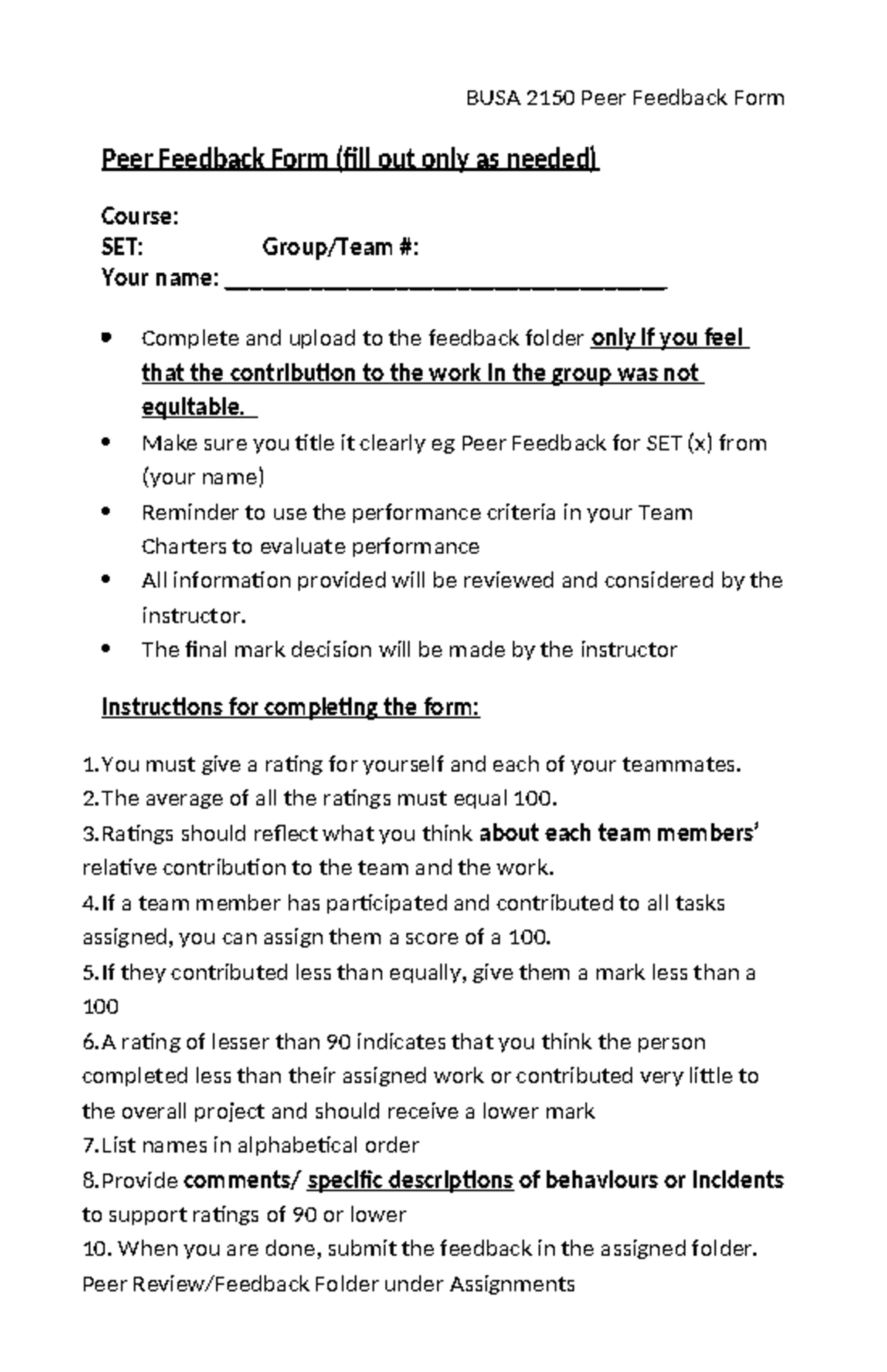 BUSA 2150 Peer Review & Feedback Form Instructions - Studocu