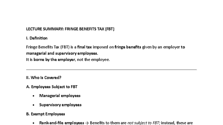 LECTURE SUMMARY: FRINGE BENEFITS TAX (FBT) OVERVIEW - Studocu