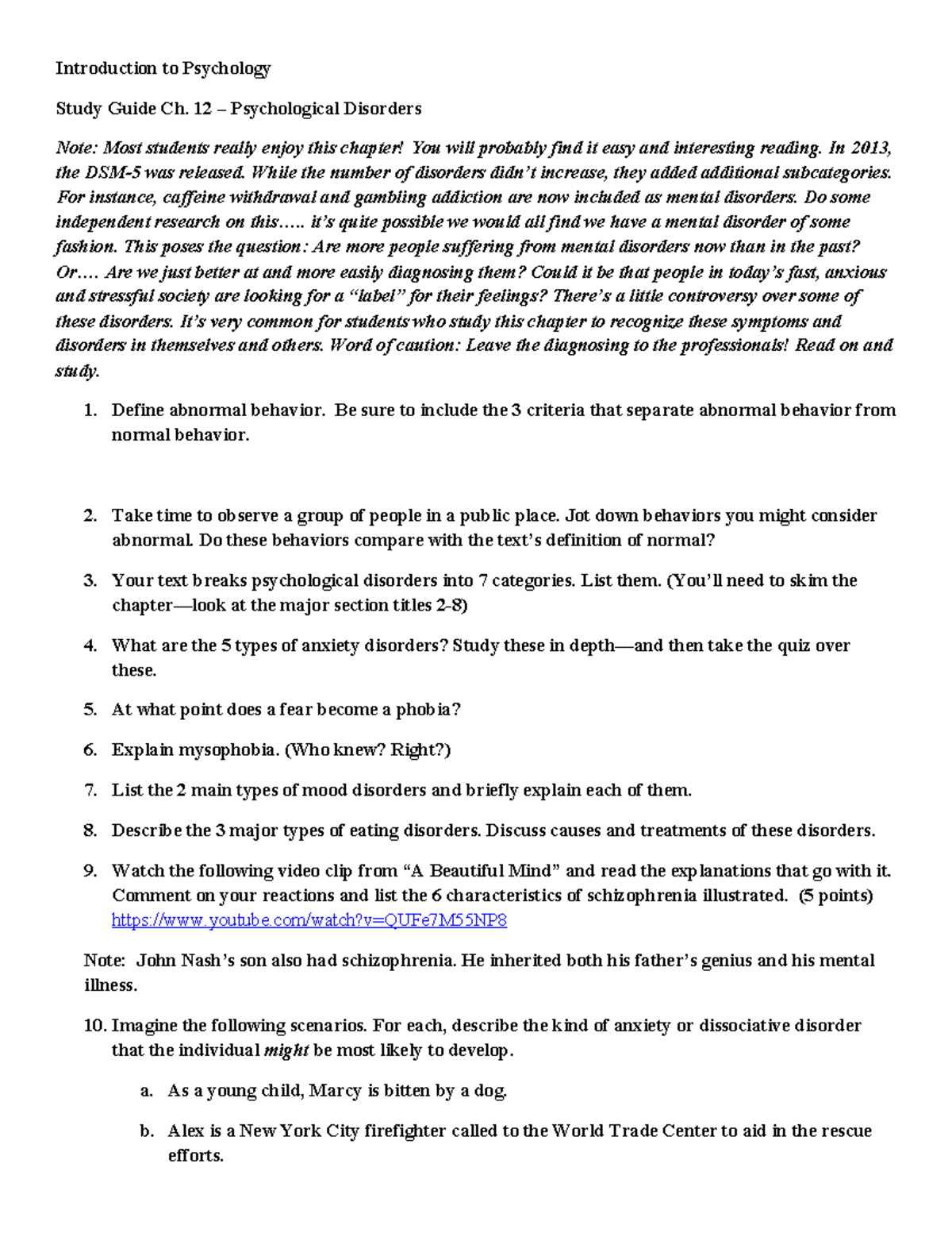 Psychology 101 Study Guide: Ch. 12 Psychological Disorders - Studocu