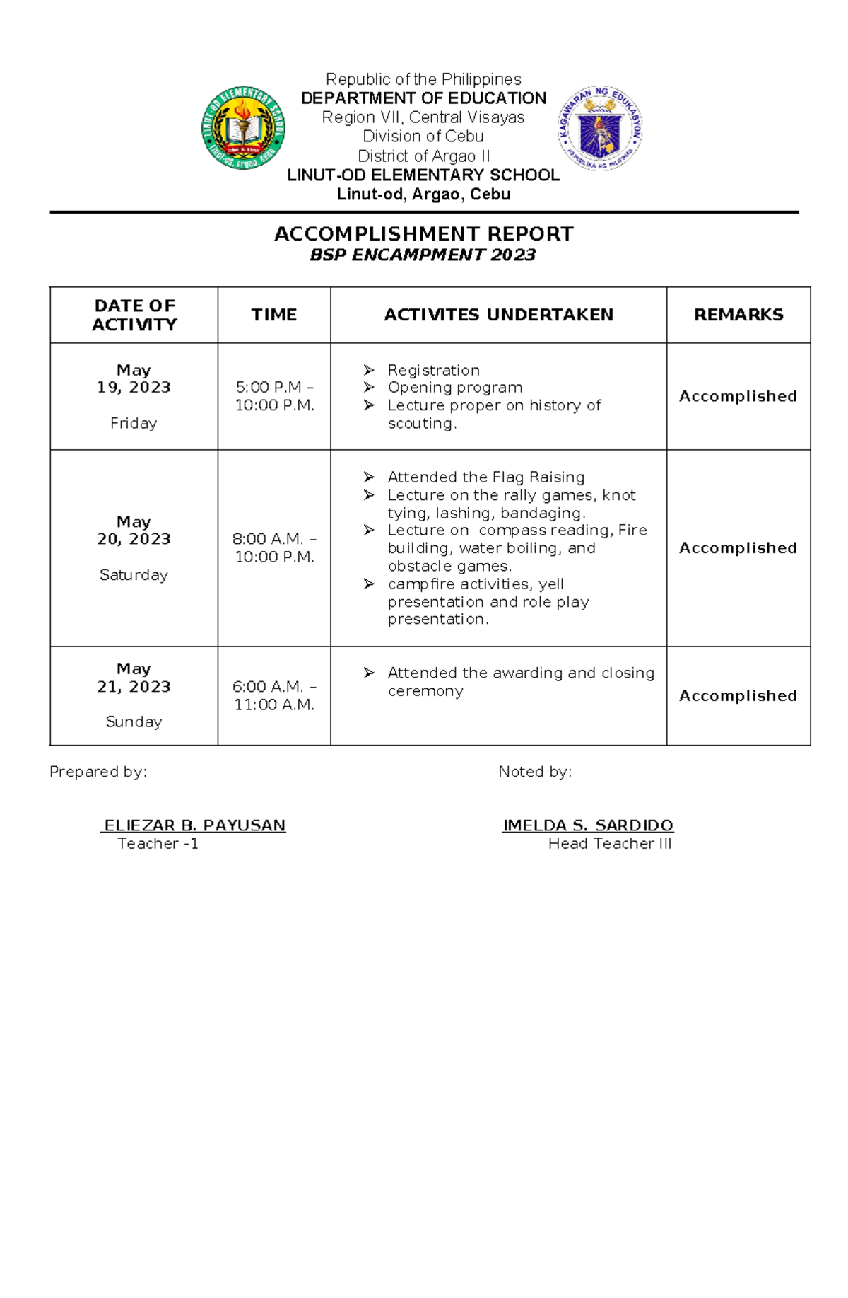 BSP Encampment 2023 Accomplishment Report - Region VII, Cebu - Studocu