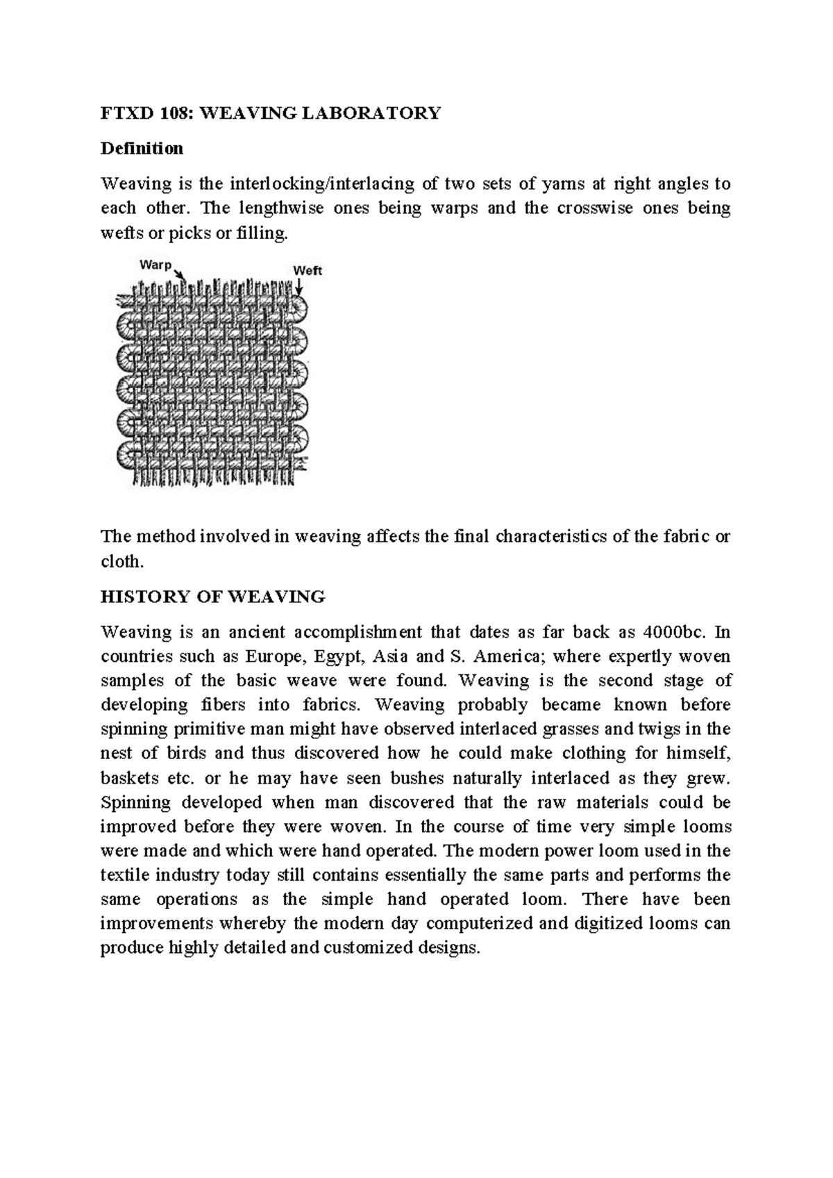 FTXD 108: Comprehensive Weaving Laboratory Notes - Studocu
