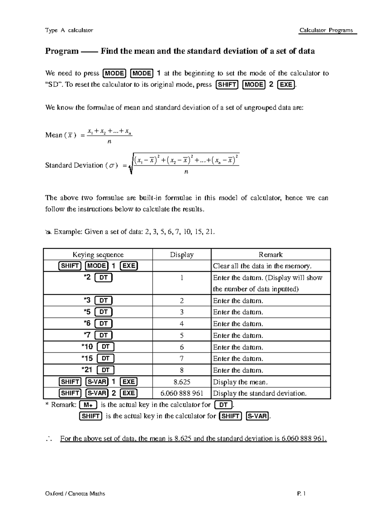 NCM(2nd) CAL 5B11 01: Calculator Programs for Mean & Std Dev - Studocu