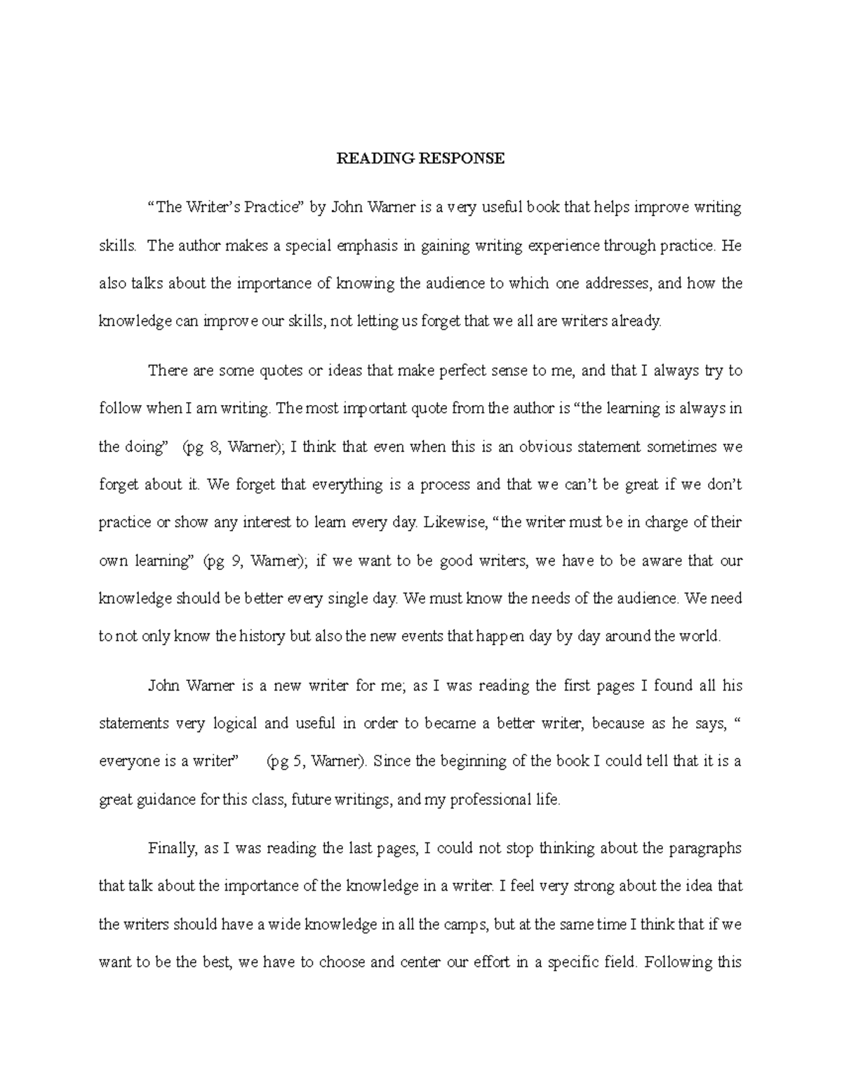 Reading Response 2: Key Ideas from "The Writer's Practice" by Warner ...