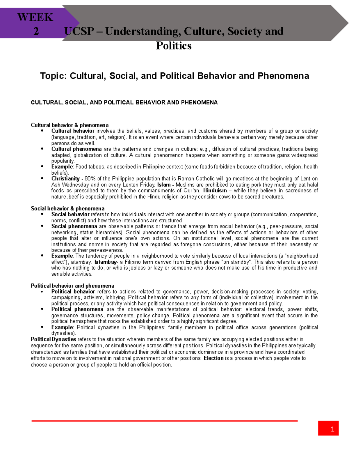 WEEK 2 UCSP: Cultural, Social, and Political Behavior Insights - Studocu