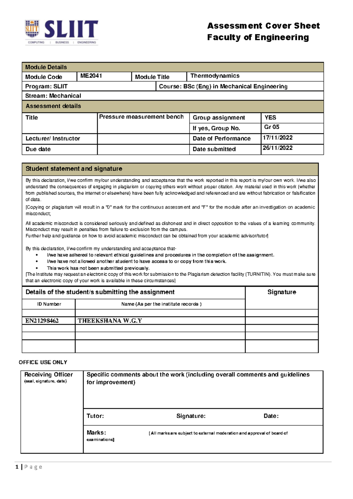 Pressure Measurement Bench Lab Report (ME2041) for Thermodynamics - Studocu