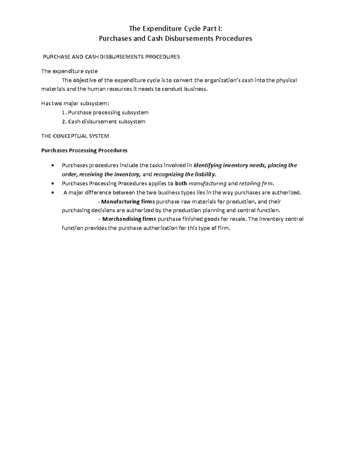 Chapter 5 Summary: Expenditure Cycle Part I and Cash Disbursement ...