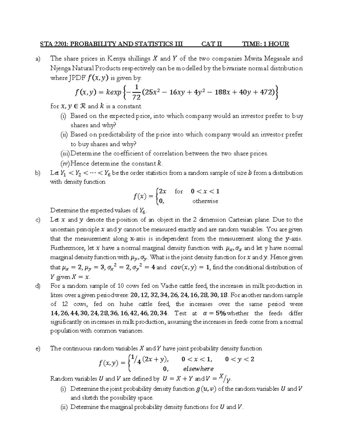 STA 2201: Probability & Statistics CAT II Practice Paper - Studocu