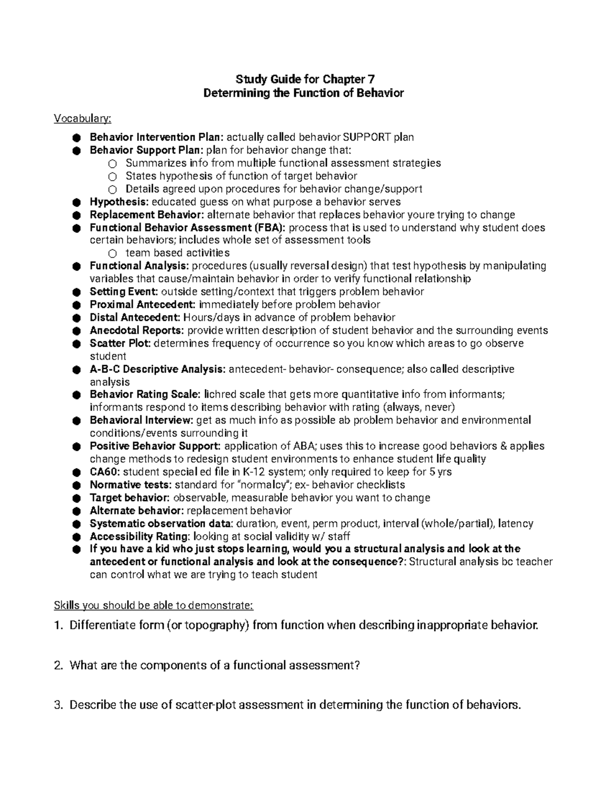 Chapter 7 Study Guide Determining the Function of Behavior - Study ...