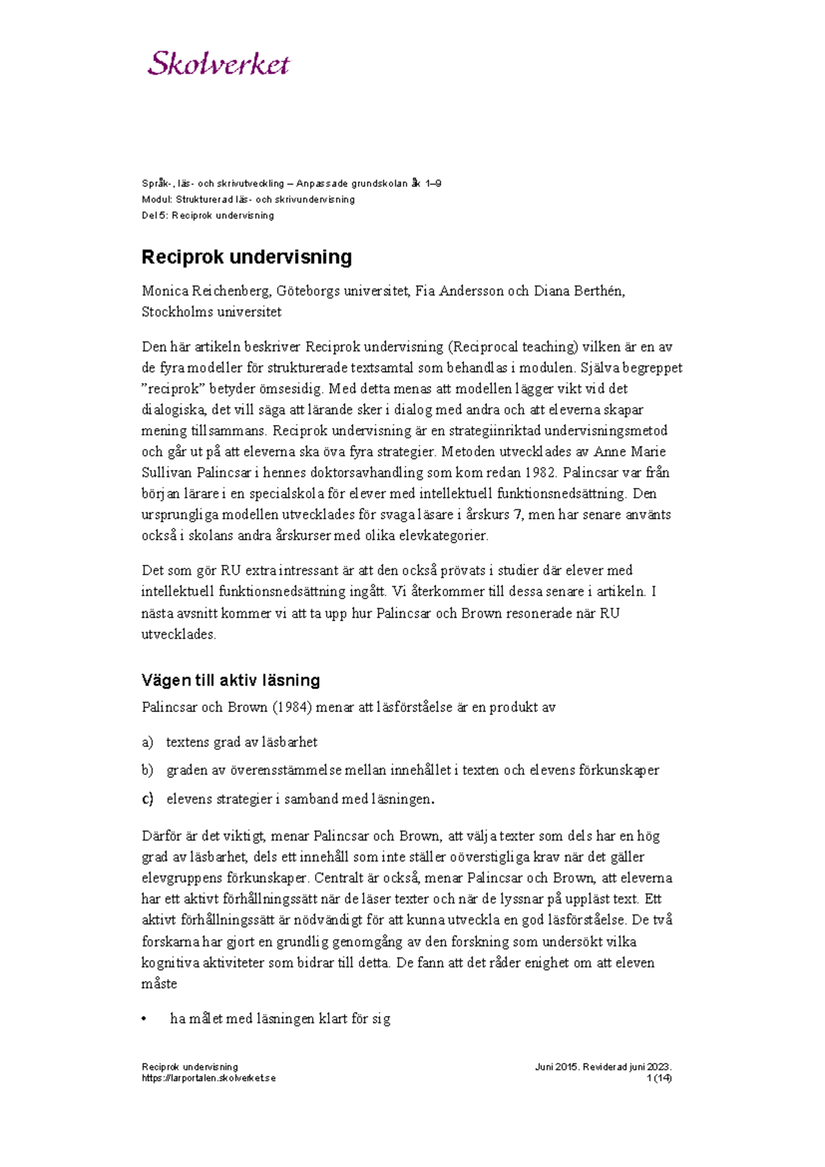 Reciprok undervisning: Strategier för läs- och skrivutveckling åk 1–9 ...